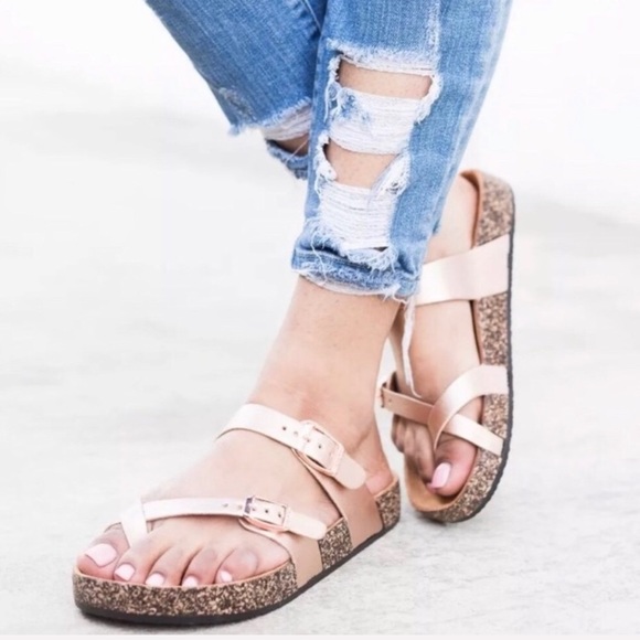 Anna | Shoes | Rose Gold Toe Ring Strap Cork Sole Slide Sandal | Poshmark